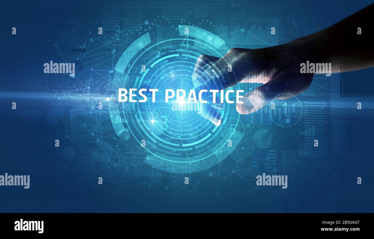 Hand touching BEST PRACTICE button, modern business technology concept ...