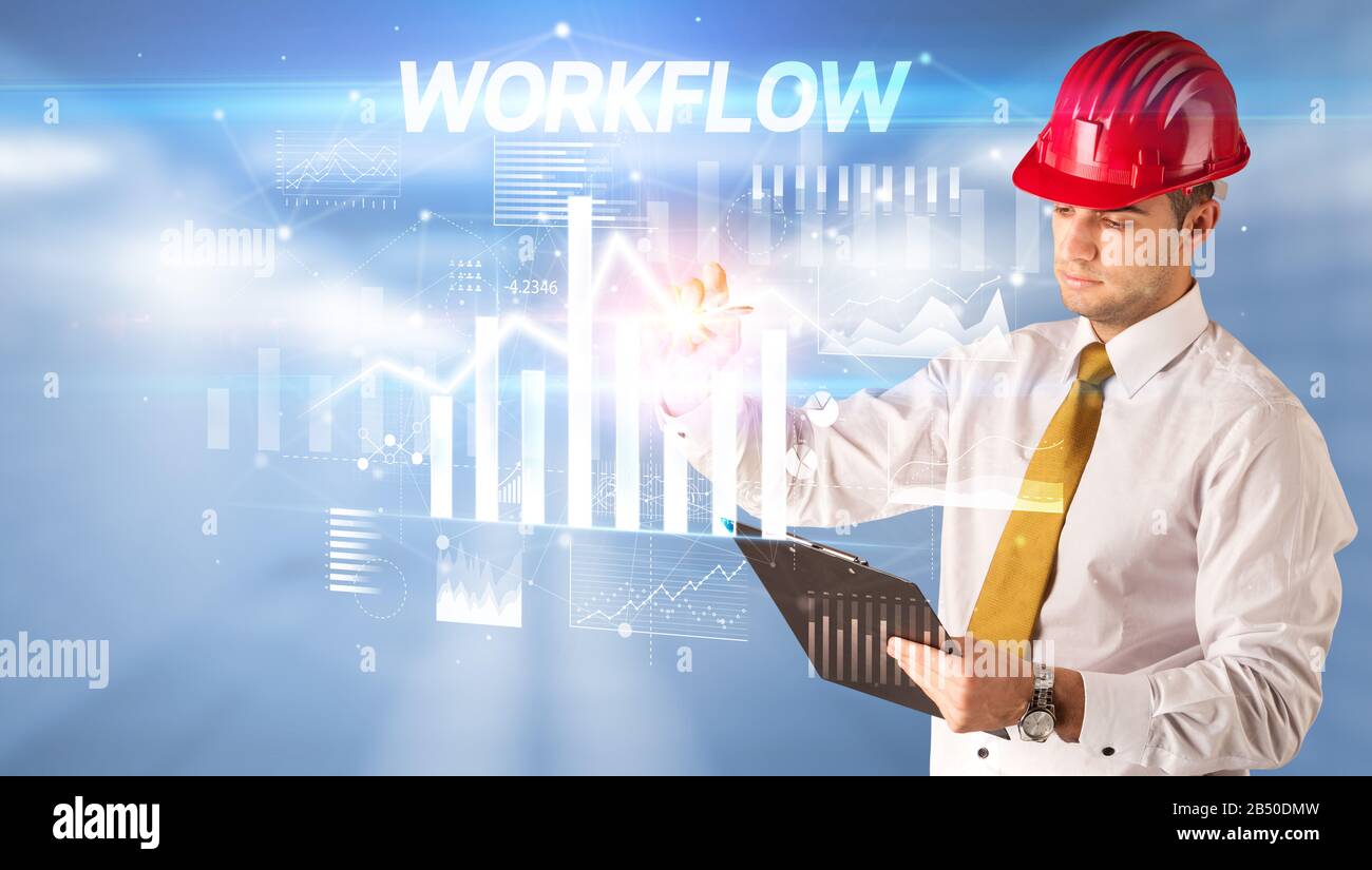 Handsome Businessman With Helmet Drawing Workflow Inscription Architecture Business Plan