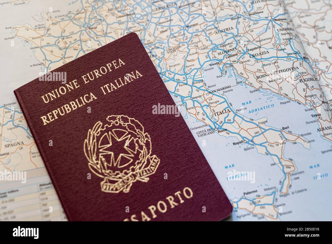 Italian passport with European highway routes map. Close-up view Stock ...
