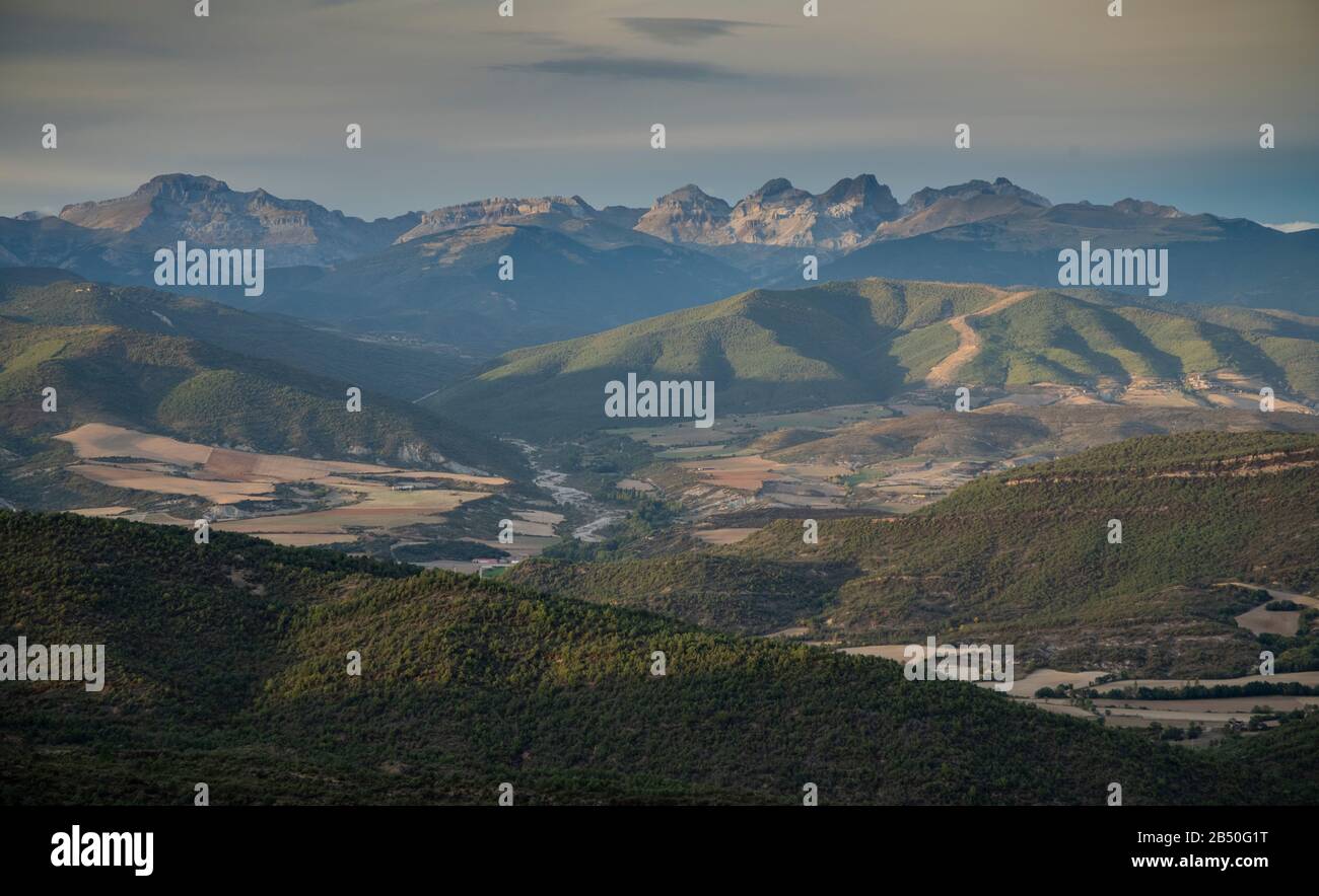 Panoramic view of the central Spanish Pyrenees and foothills north of ...
