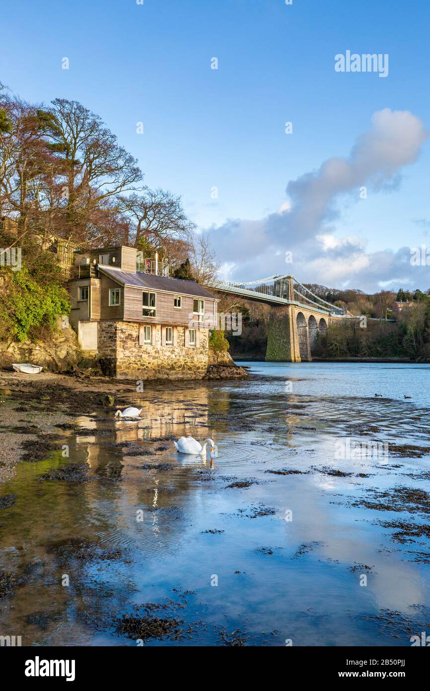 The Menai Bridge from the Belgian Promenade at Menai in Anglesey, Wales ...