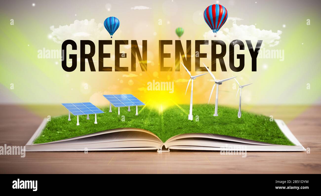 Open book with GREEN ENERGY inscription, renewable energy concept Stock ...