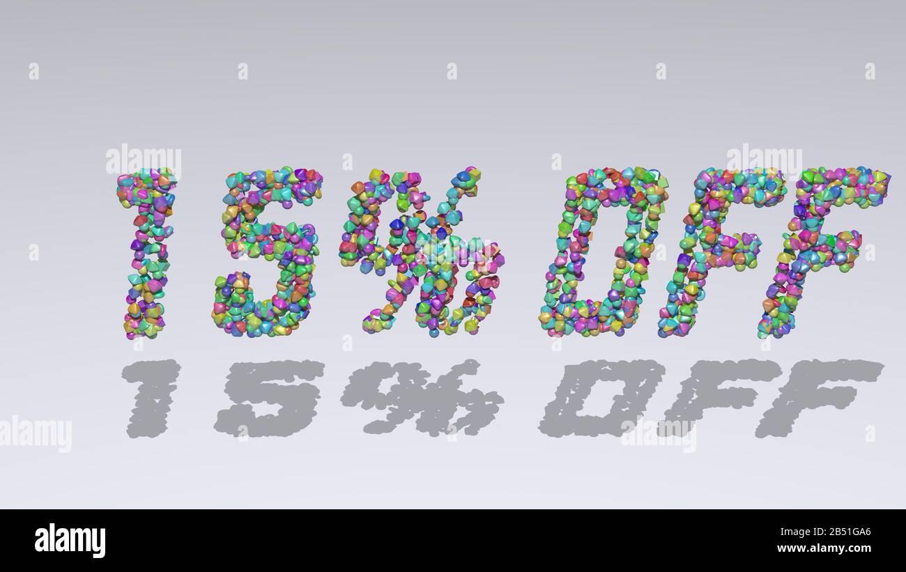 15% OFF: 3D illustration of the text made of small objects over a white ...