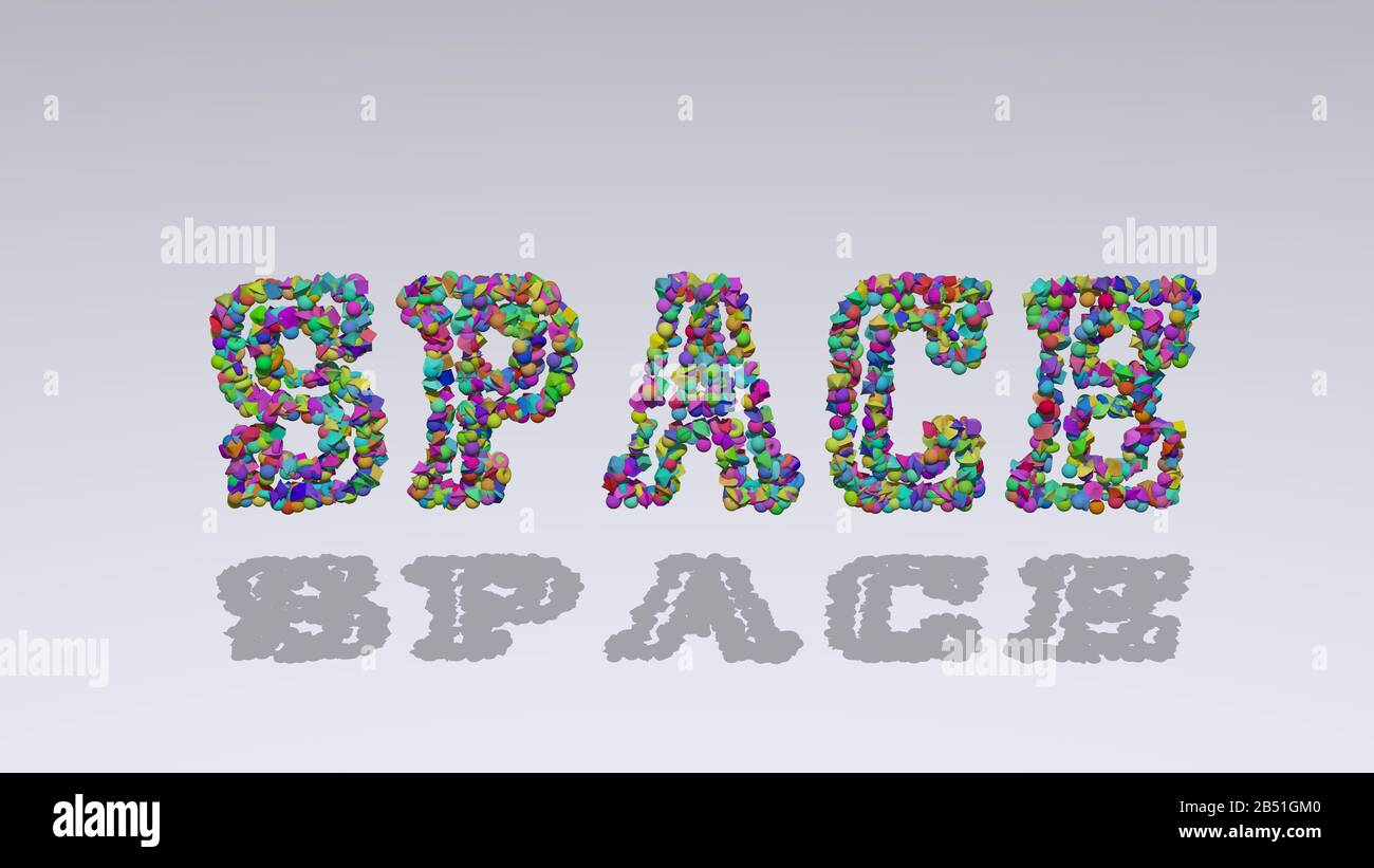 Space: 3D illustration of the text made of small objects over a white ...