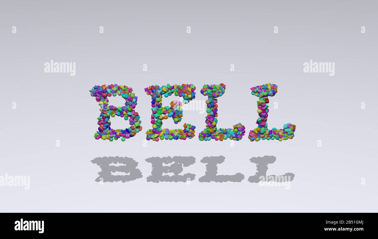 Colorful 3D writting of BELL text with small objects over a white ...