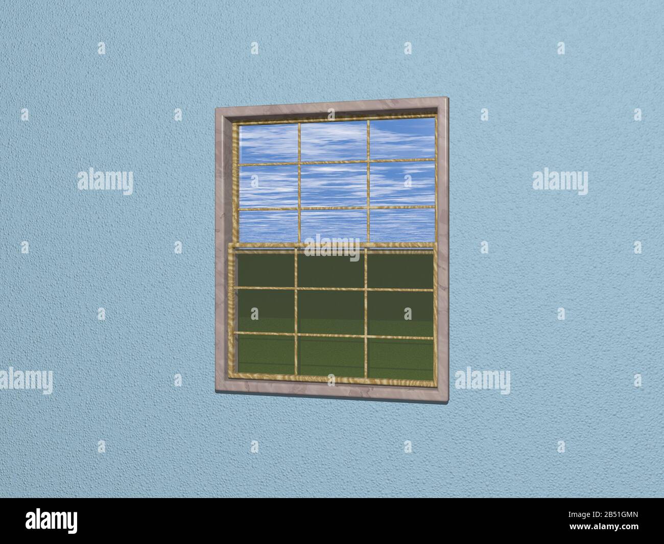 Open sash window from LIGHT SKY BLUE wall viewing outside lawn with ...