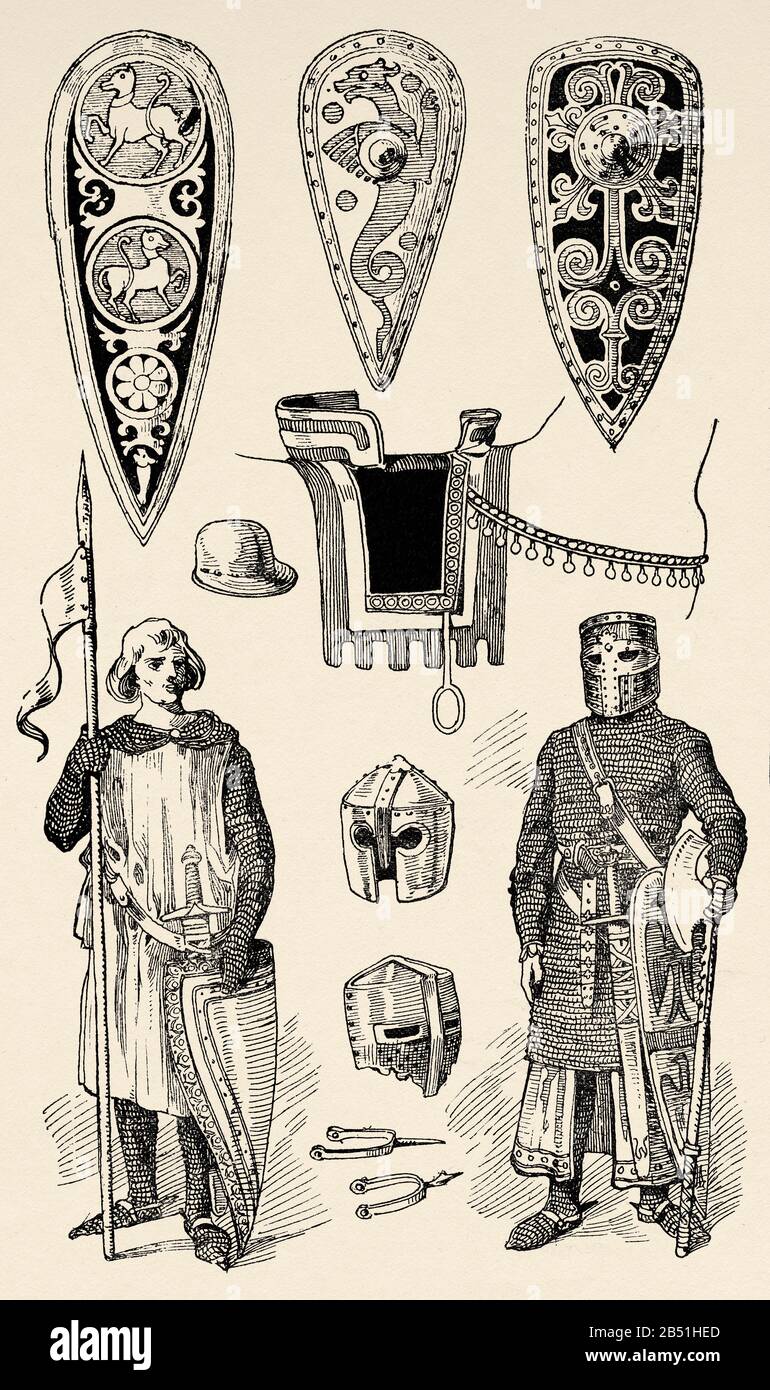 Middle Ages. Shields, saddle, helmets, spikes, medieval knight. Old ...