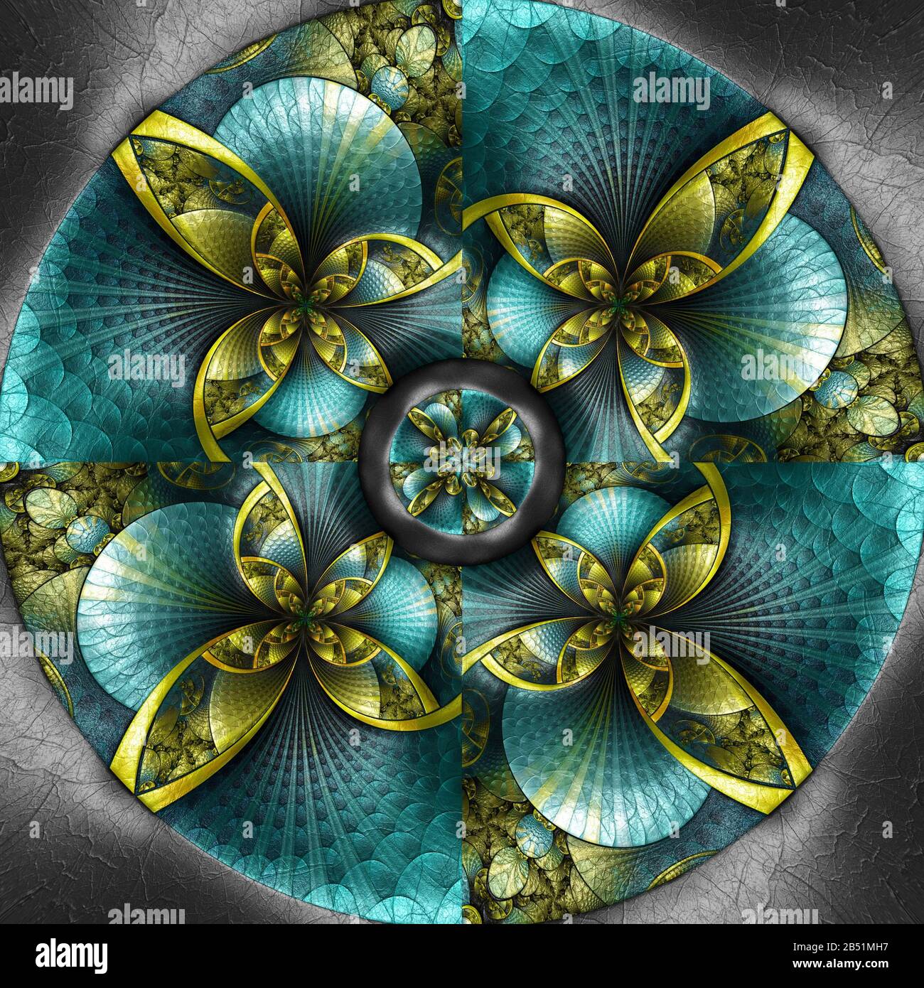 3D render of colorful plastic fractal flower disc embossed on leather ...