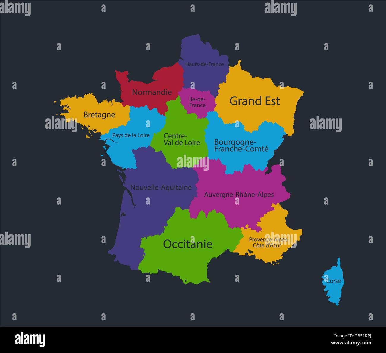 Infographics France map, flat design colors, with names of individual ...