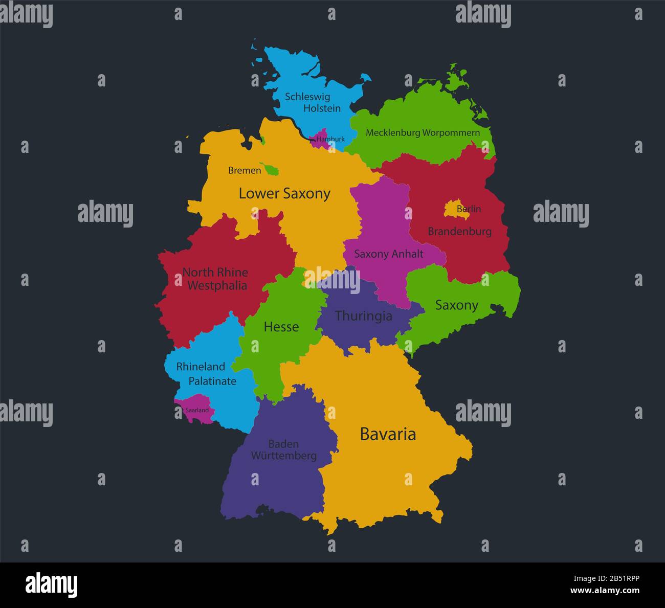 Infographics Germany map, flat design colors, with names of individual ...
