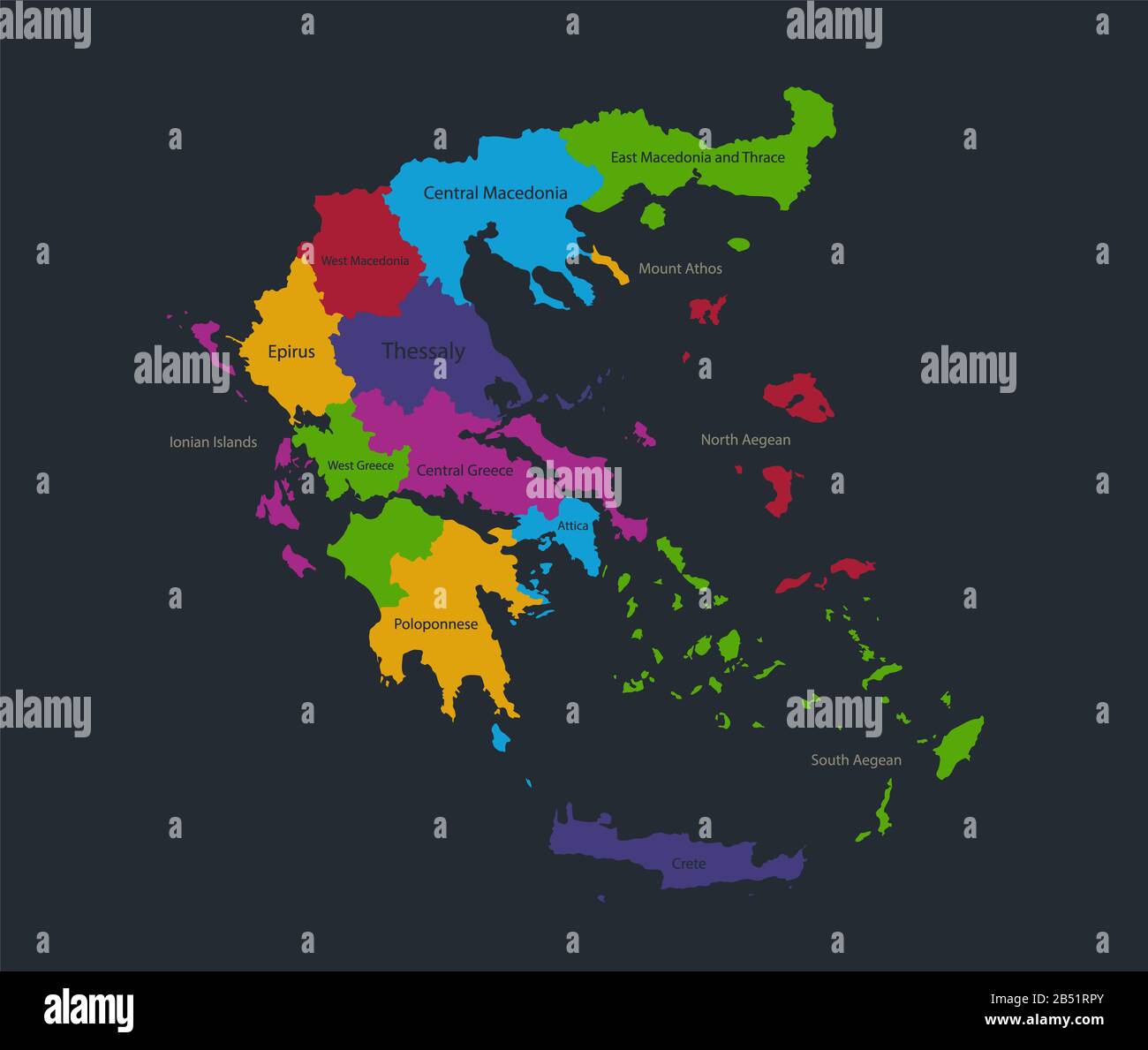 Infographics Greece map, flat design colors, with names of individual ...