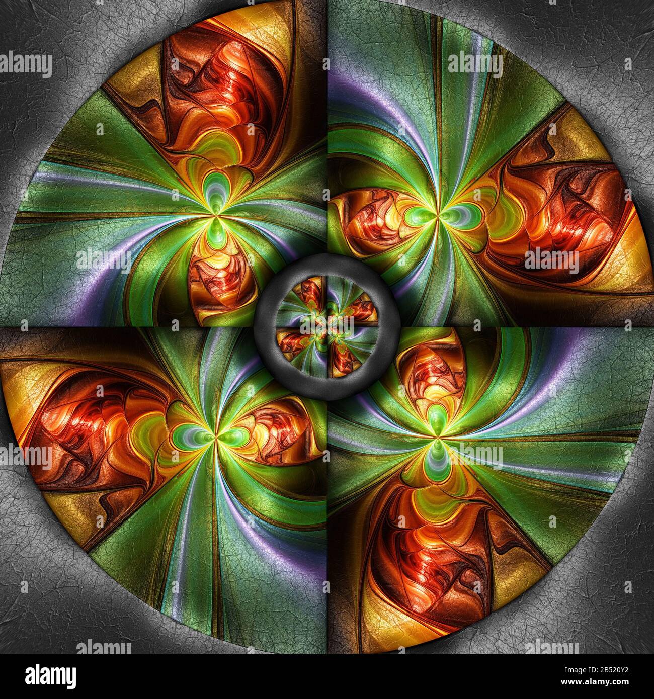 3D render of colorful plastic fractal flower disc embossed on leather ...