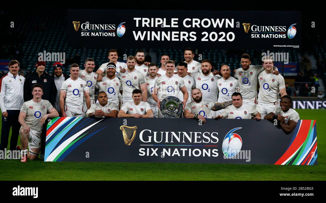 London, UK. 07th Mar, 2020.England players with the Triple Crown during ...