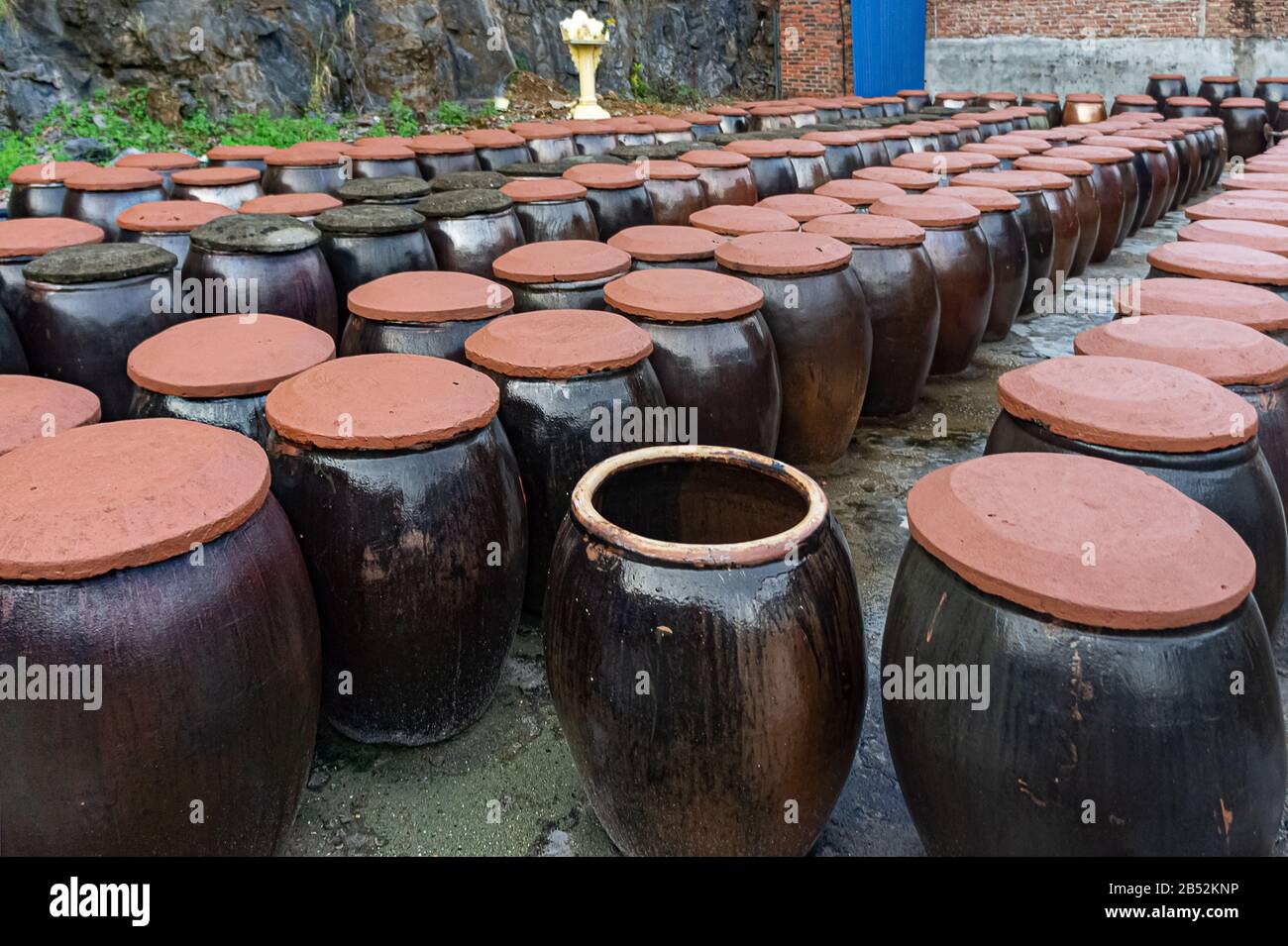 Cat Ba island, Vietnam Oct 17, 2019. Big jars in production of fish ...