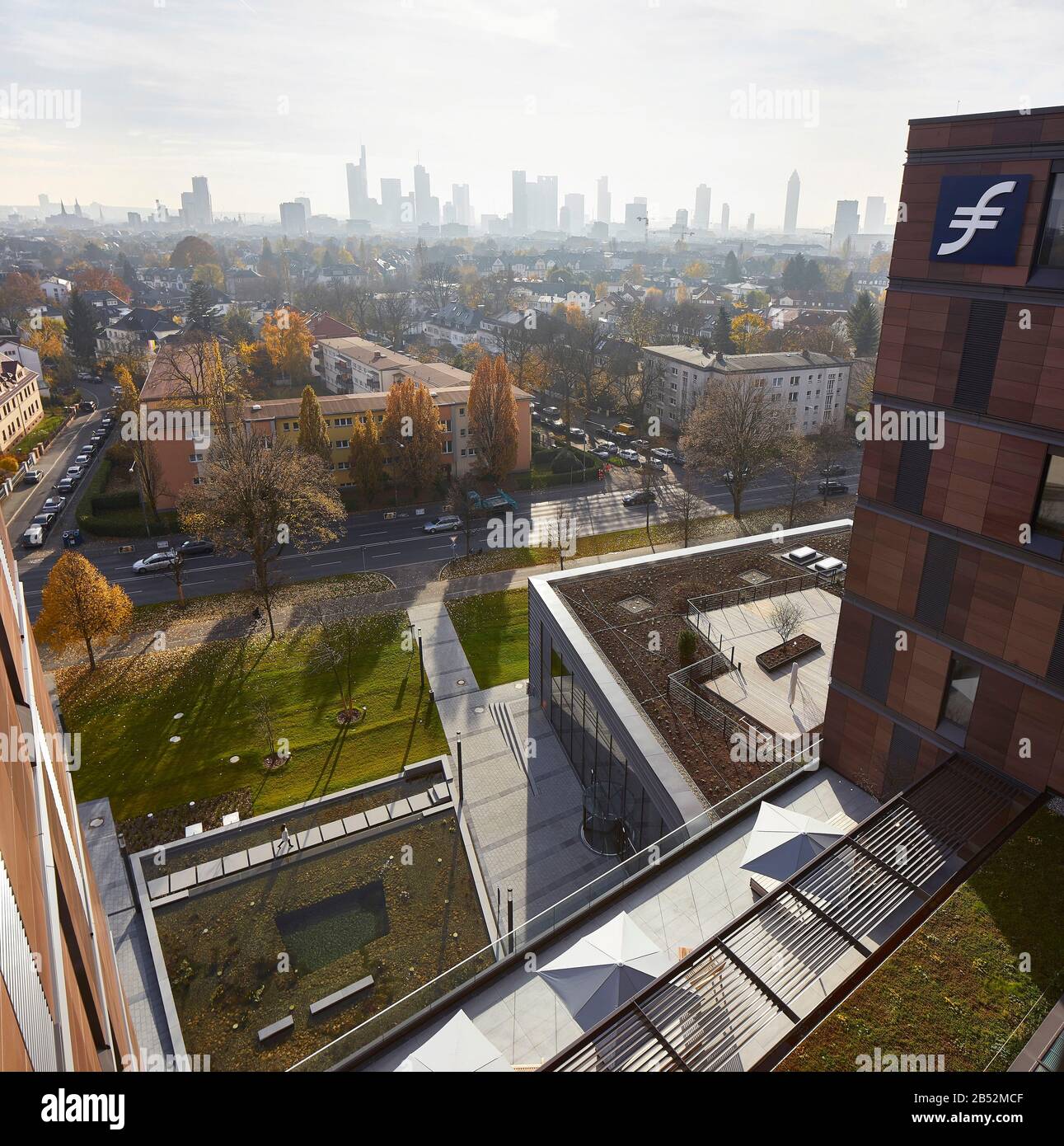 Elevated view from top floor towards city skyline. Frankfurt School of Finance and Management ...