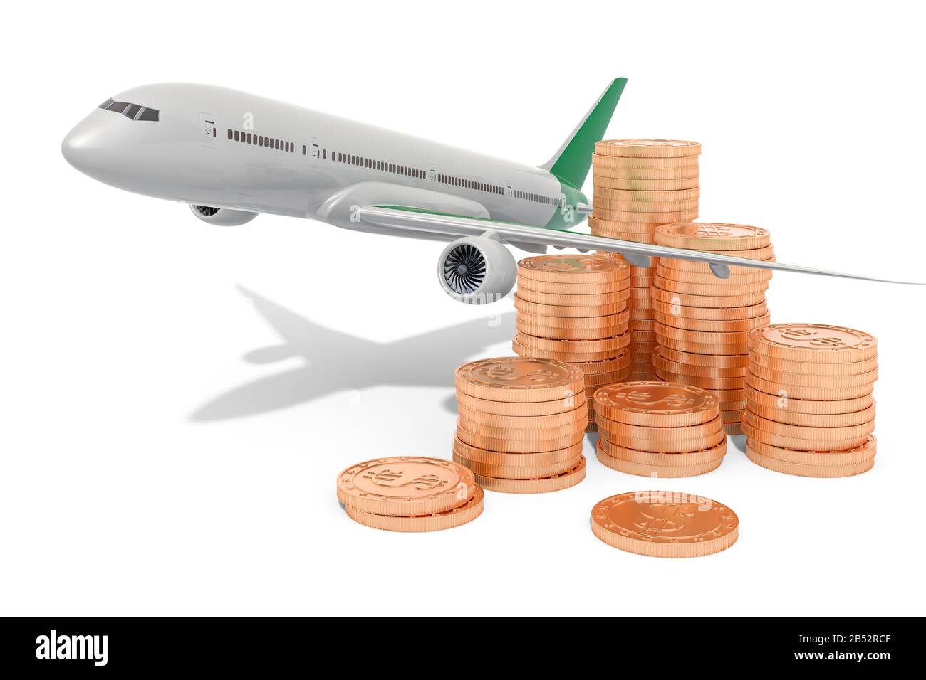 Airplane with golden coins. Commercial Airplane Flying concept, 3D ...