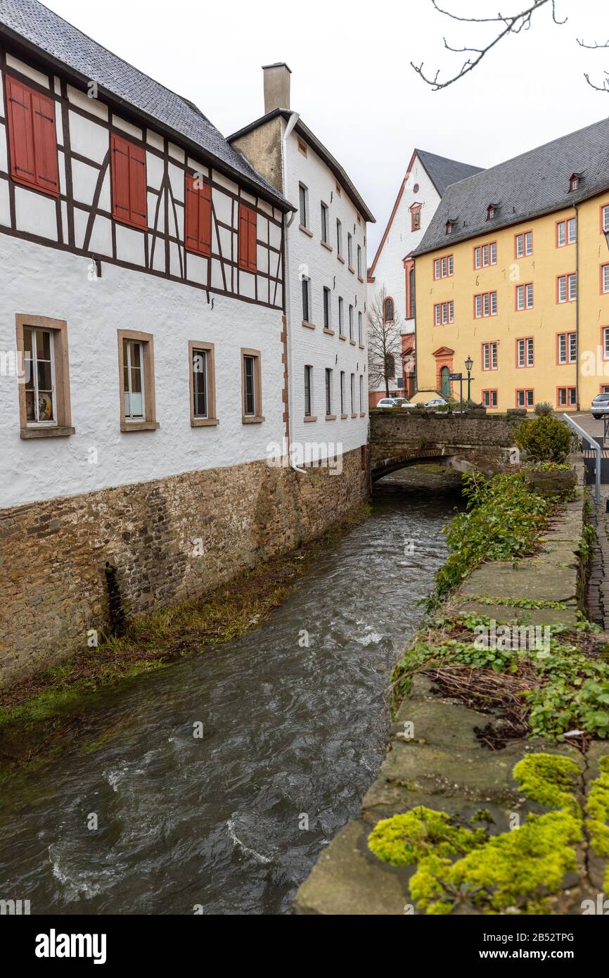 Historic buildings and Erft river in Bad Muenstereifel, Germany Stock ...