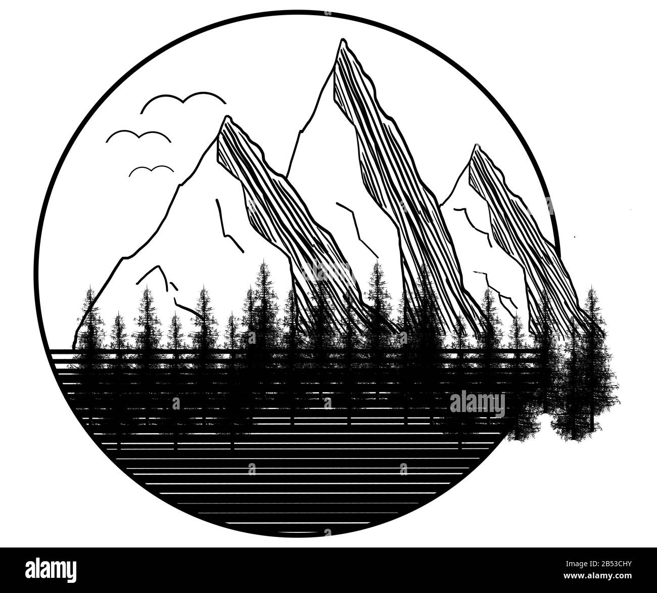 Monochrome symbol of mountains with forest in circle isolated on white ...