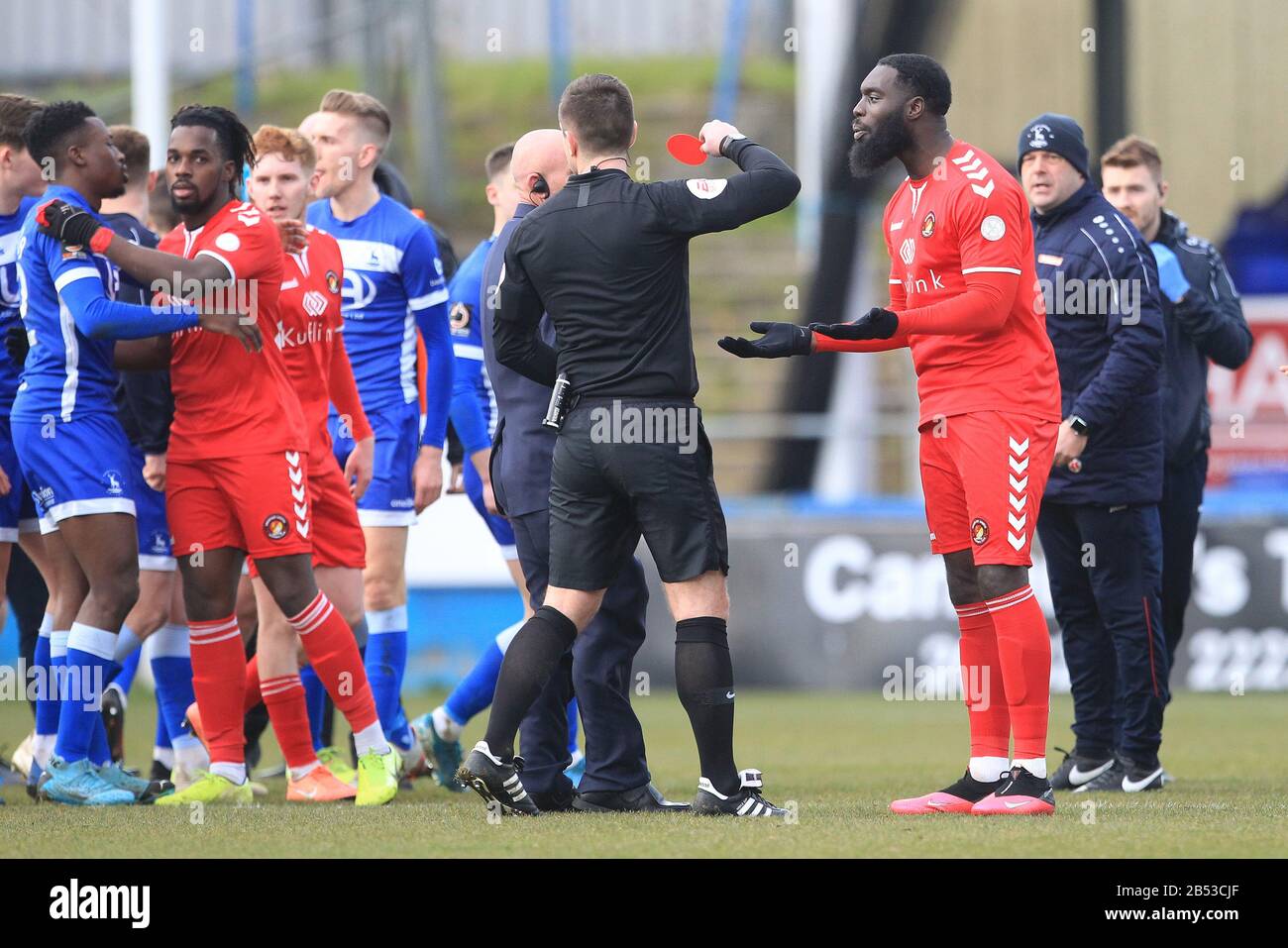 Hartlepool, UK. 07th Mar, 2020. Referee Aaron Jackson shows Ebbsfleet ...
