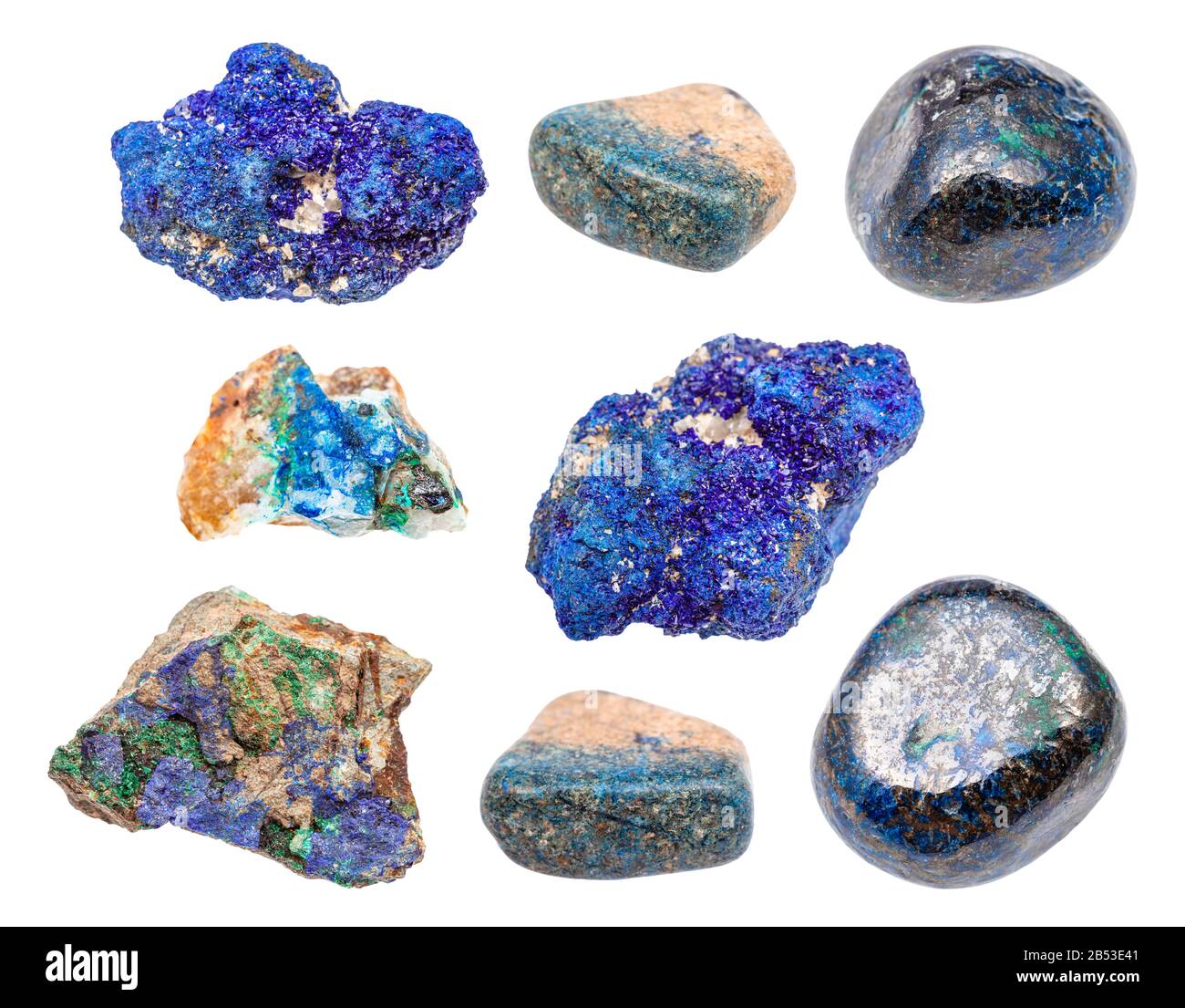 various Azurite (chessylite) gemstones isolated on white background ...