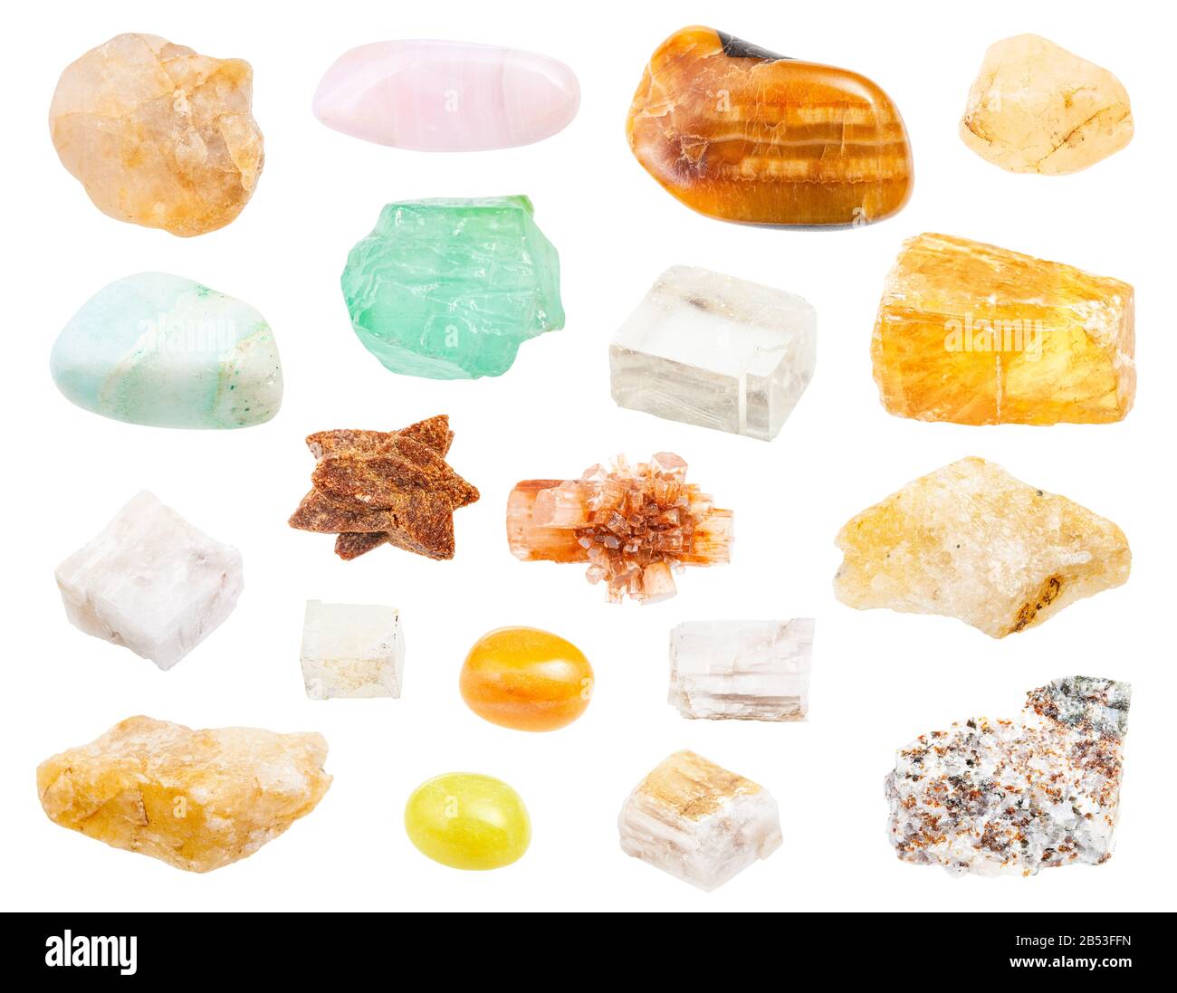 set of various Calcite gemstones isolated on white background Stock ...