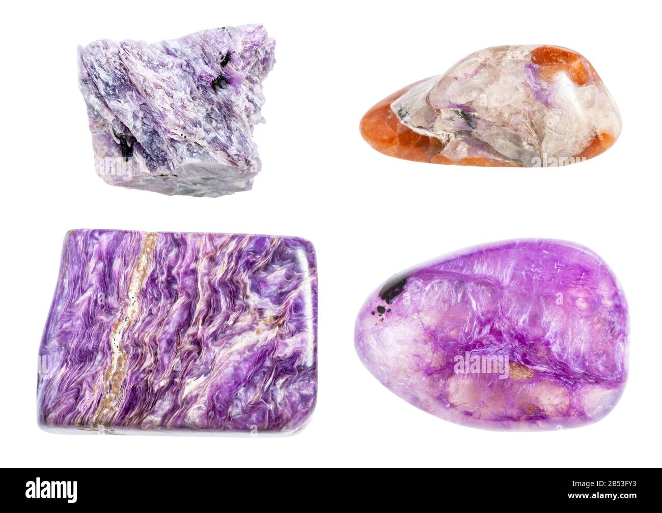 set of various Charoite gemstones isolated on white background Stock ...
