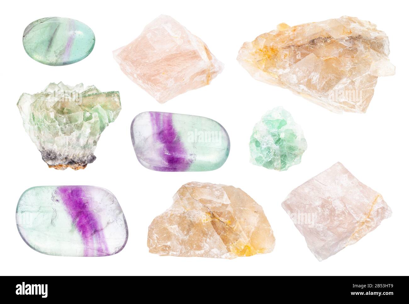 set of various Fluorite (fluorspar) gemstones isolated on white ...