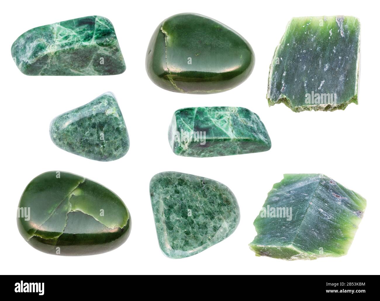 set of various green Jade gemstones isolated on white background Stock ...