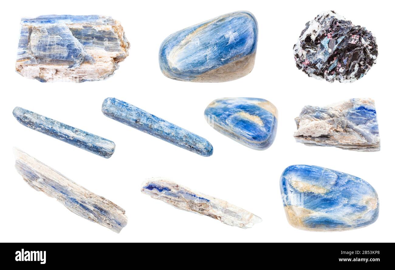 set of various Kyanite gemstones isolated on white background Stock ...