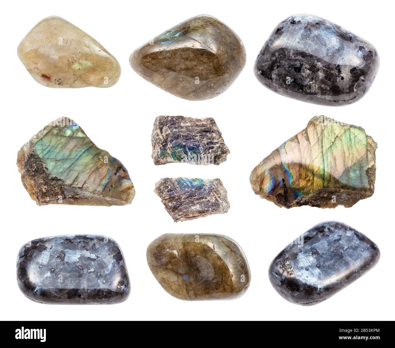 set of various Labradorite gemstones isolated on white background Stock ...