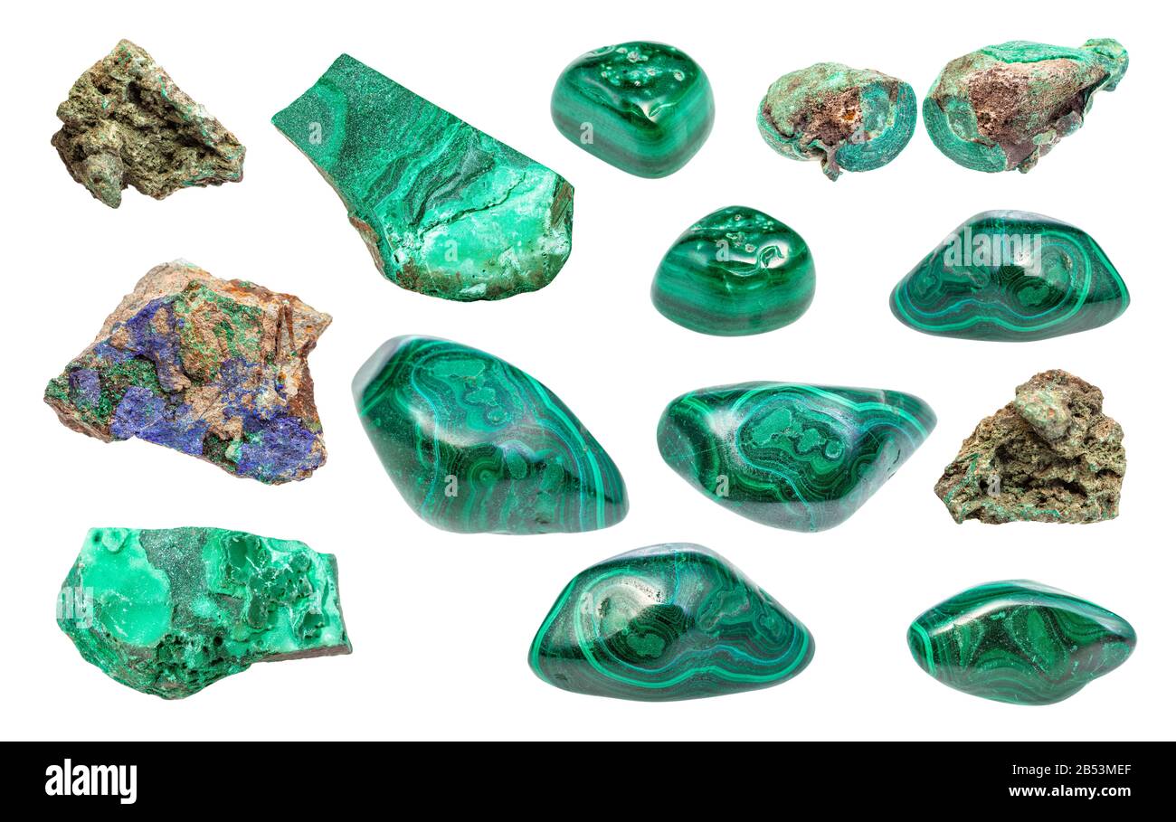 set of various Malachite gemstones isolated on white background Stock ...