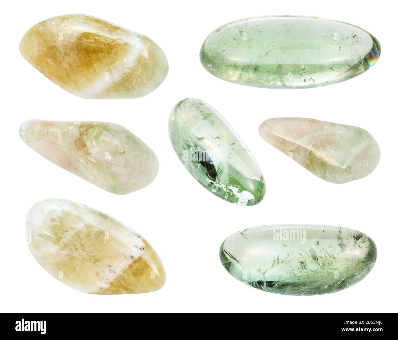 set of various Prasiolite (green quartz) gemstones isolated on white ...