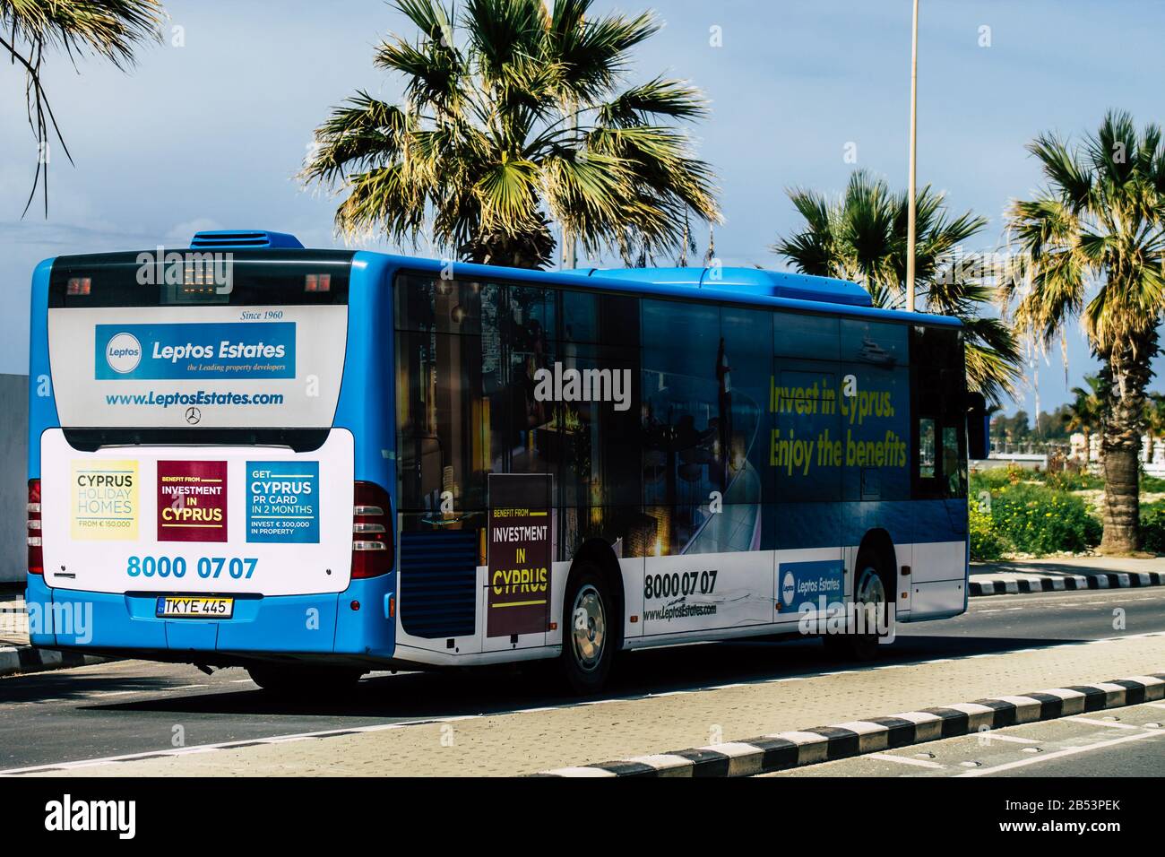 Paphos Cyprus March 06, 2020 View of a traditional public bus rolling ...