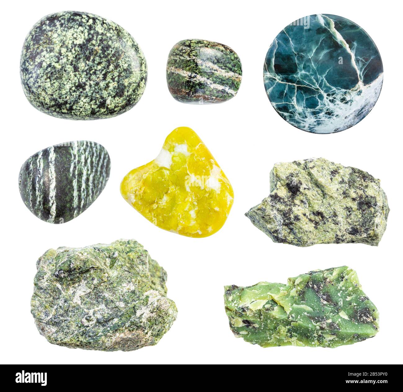 set of various serpentine and serpentinite gemstones isolated on white ...