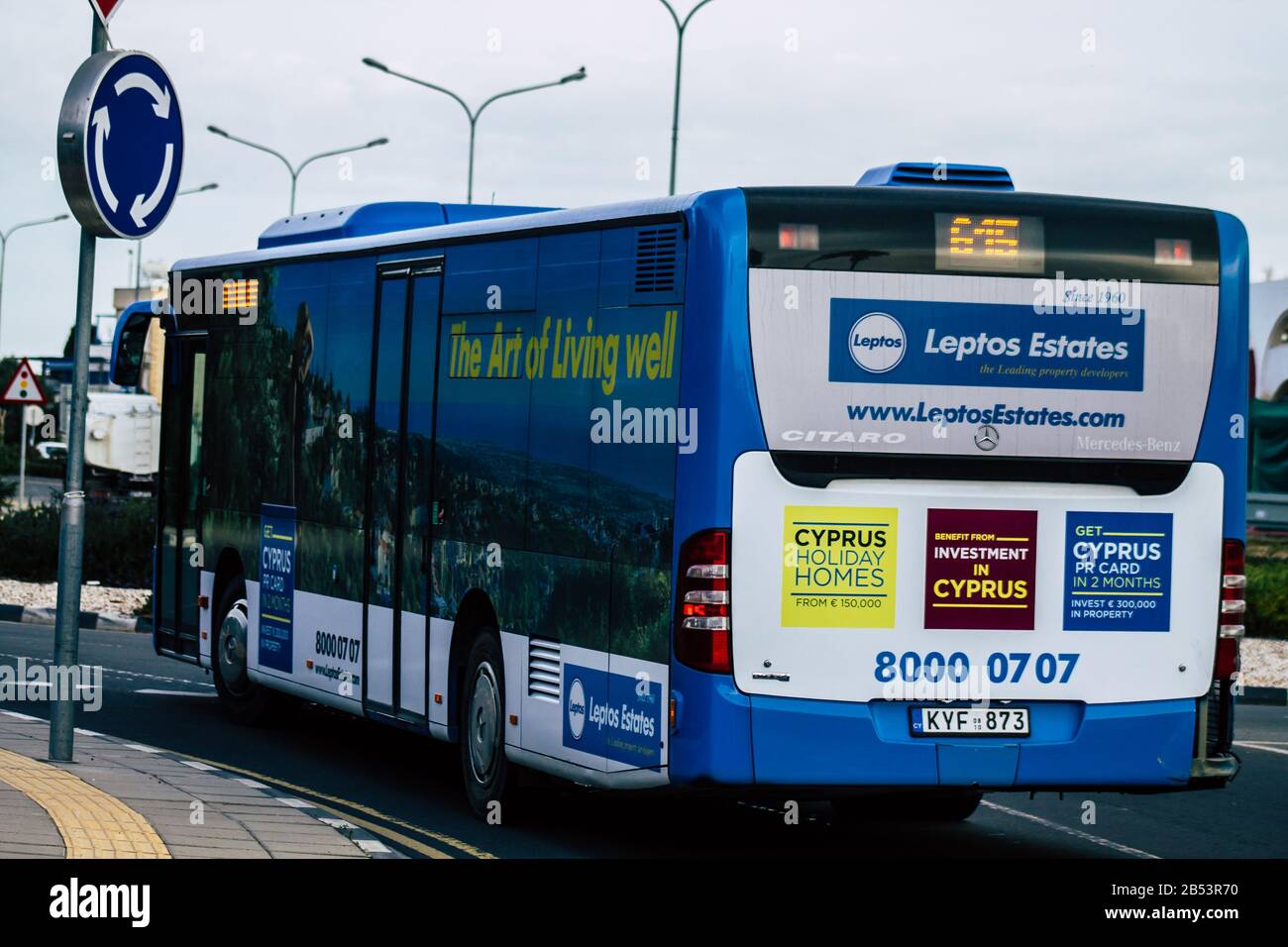 Paphos Cyprus March 06, 2020 View of a traditional public bus rolling ...