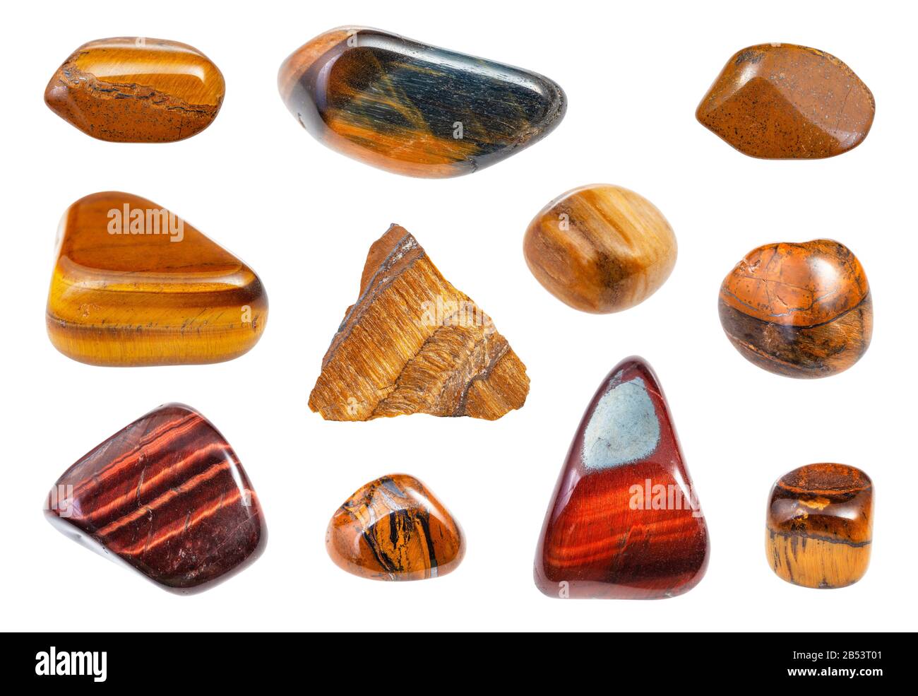 set of various Tiger's eye gemstones isolated on white background Stock ...