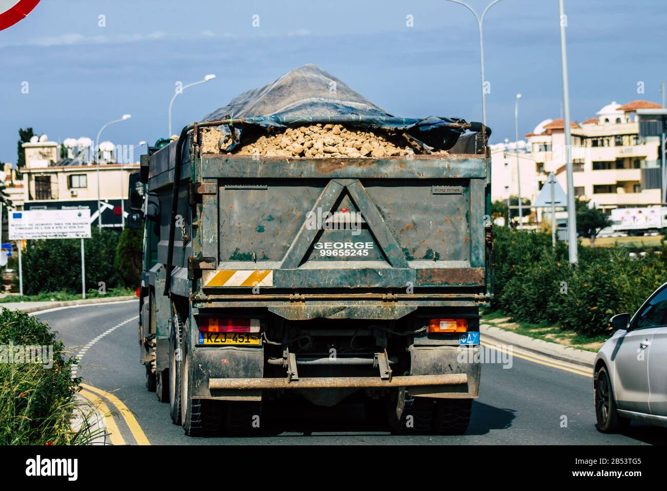 Paphos Cyprus March 06, 2020 View of a truck rolling to a construction ...