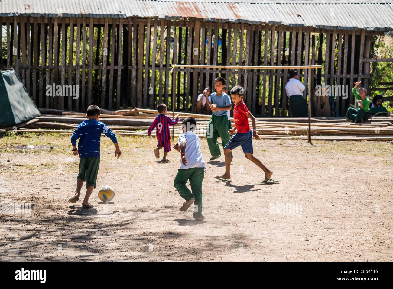 Local boys playing football, Inlee lake, Myanmar, Asia Stock Photo - Alamy