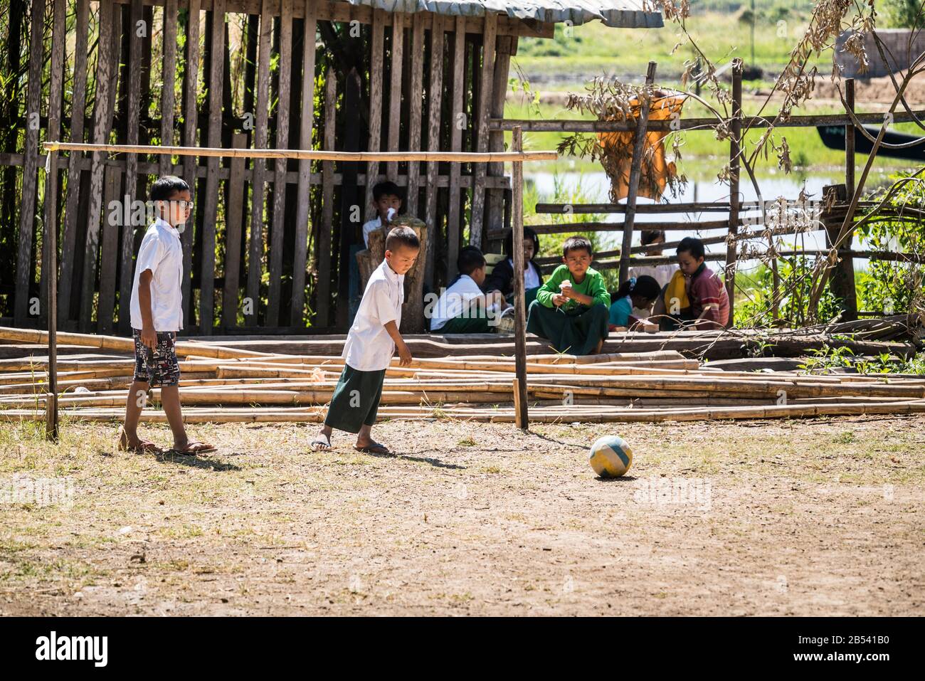 Local boys playing football, Inlee lake, Myanmar, Asia Stock Photo - Alamy
