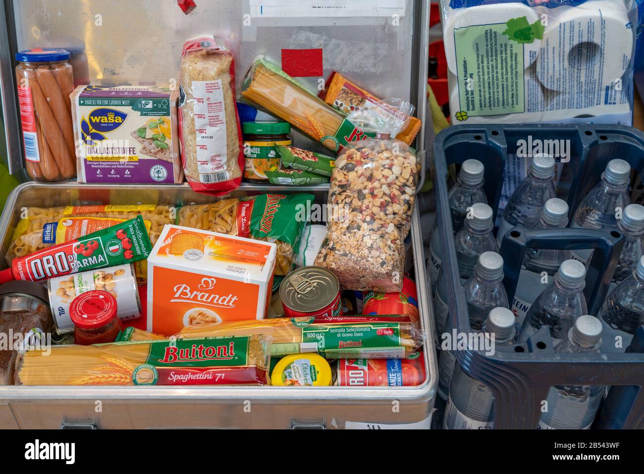 Emergency precautions, food stock in a private household, box with long ...