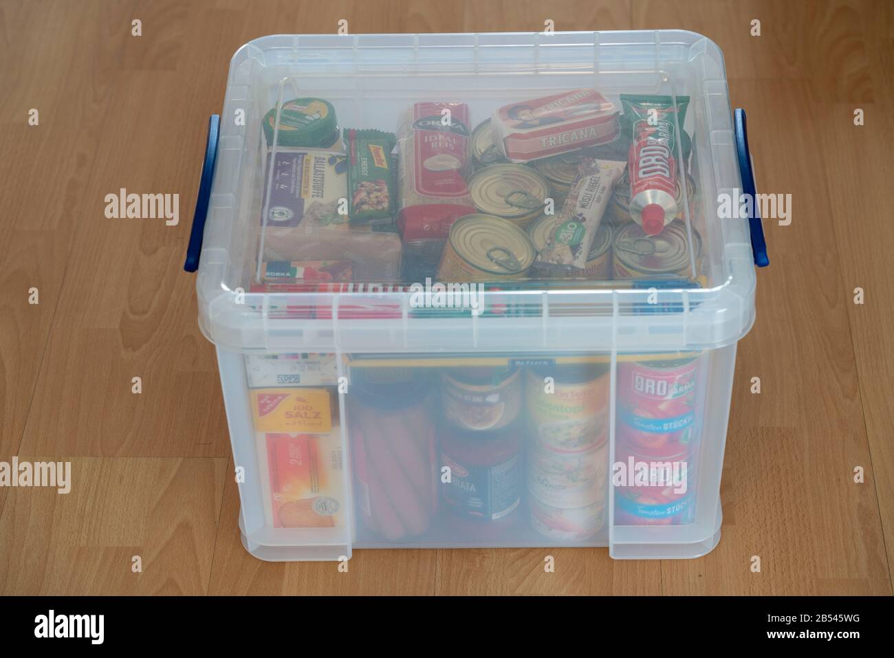 Emergency precautions, food stock in a private household, box with long ...