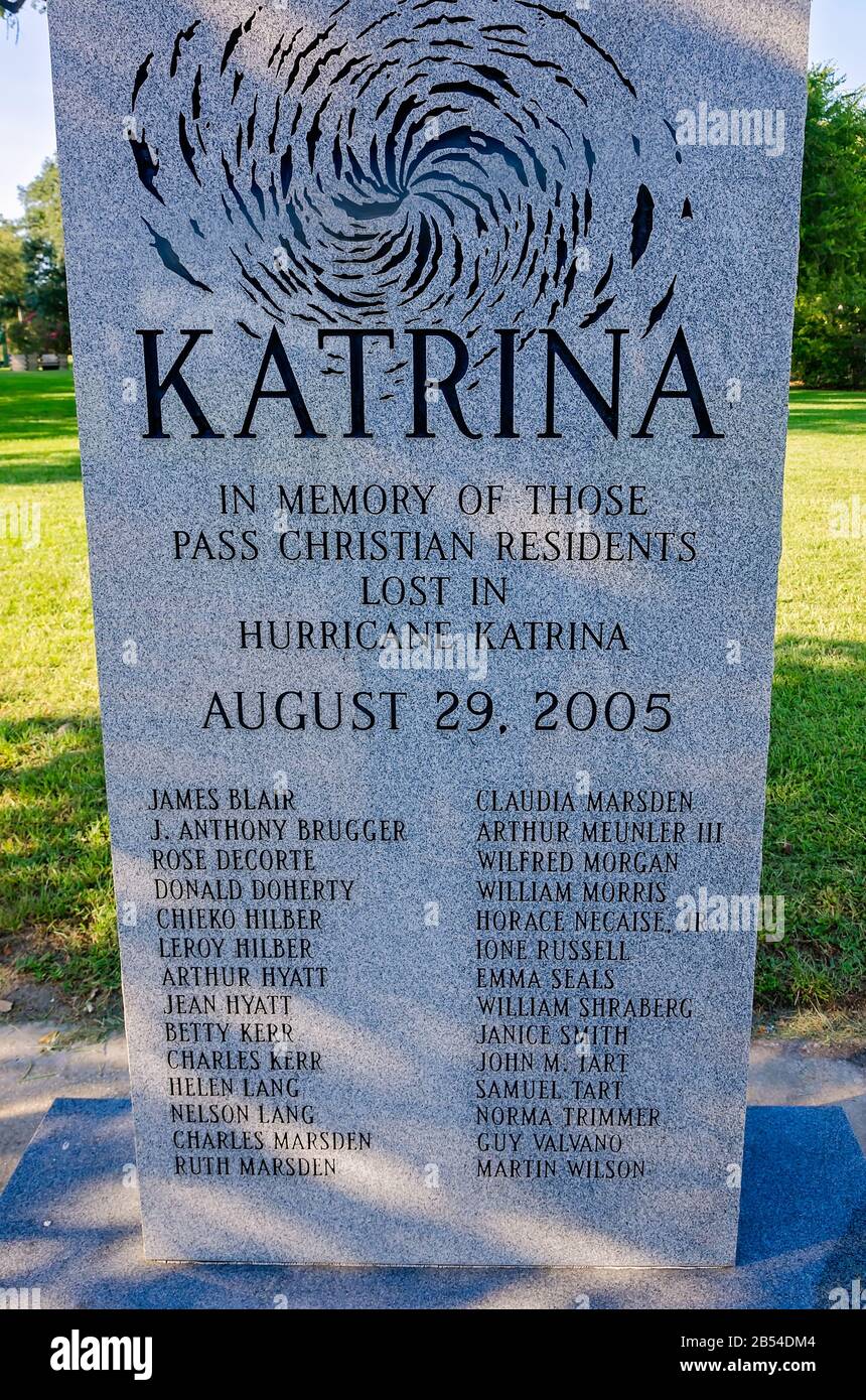 A memorial to victims of Hurricane Katrina stands in War Memorial Park ...