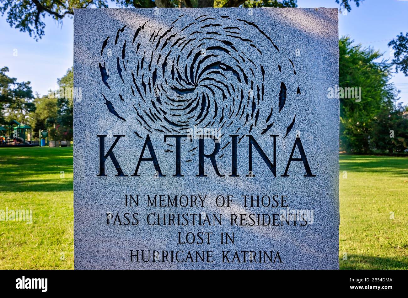 A memorial to victims of Hurricane Katrina stands in War Memorial Park ...