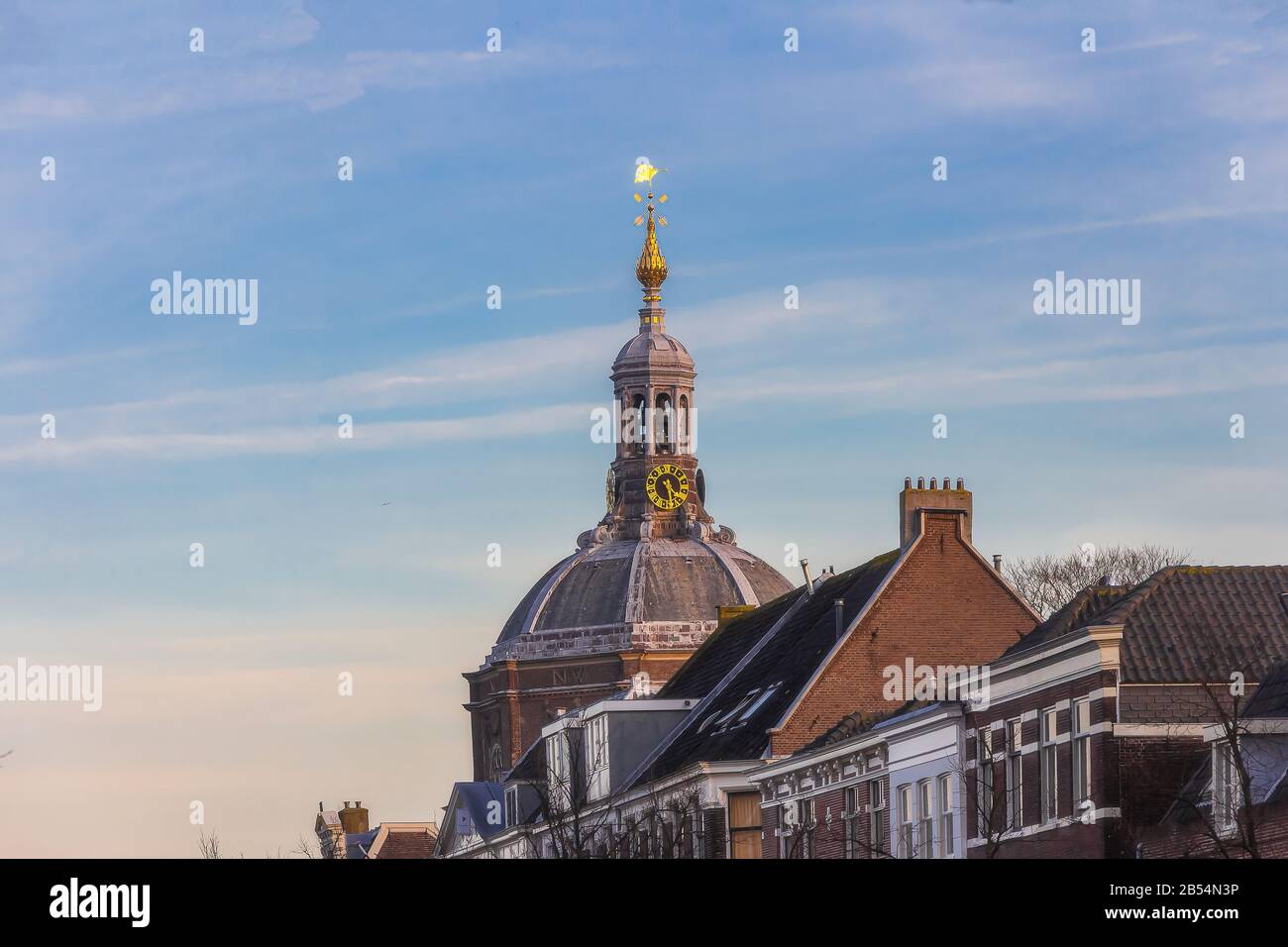 The view of Marekerk church, its dome and golden symbol of Leiden city ...