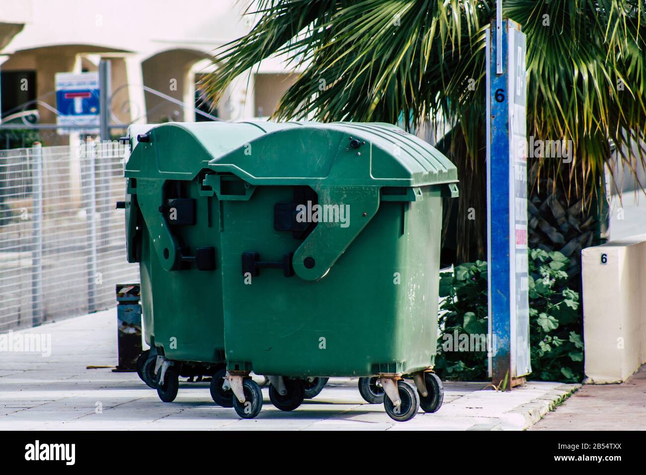 Paphos Cyprus March 06, 2020 Closeup of a garbage container in the ...