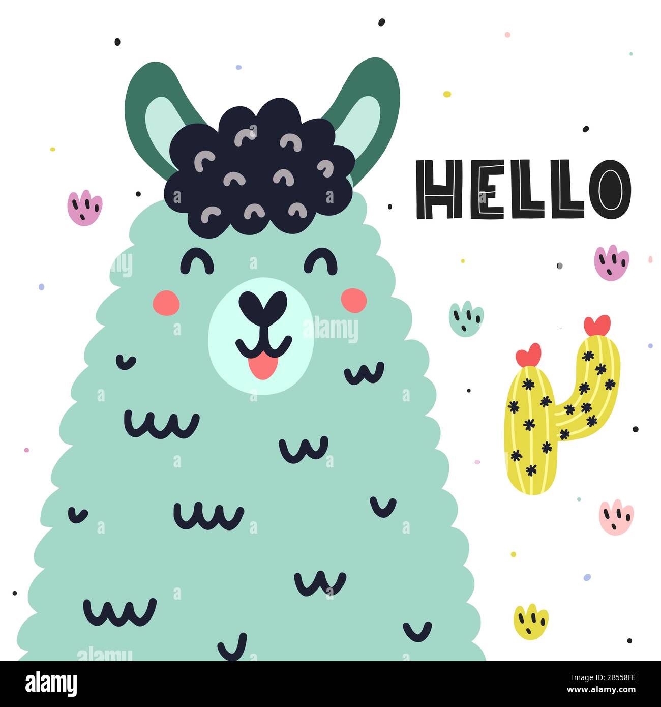 Hello card with a cute llama. Colorful print for kids with funny lama ...