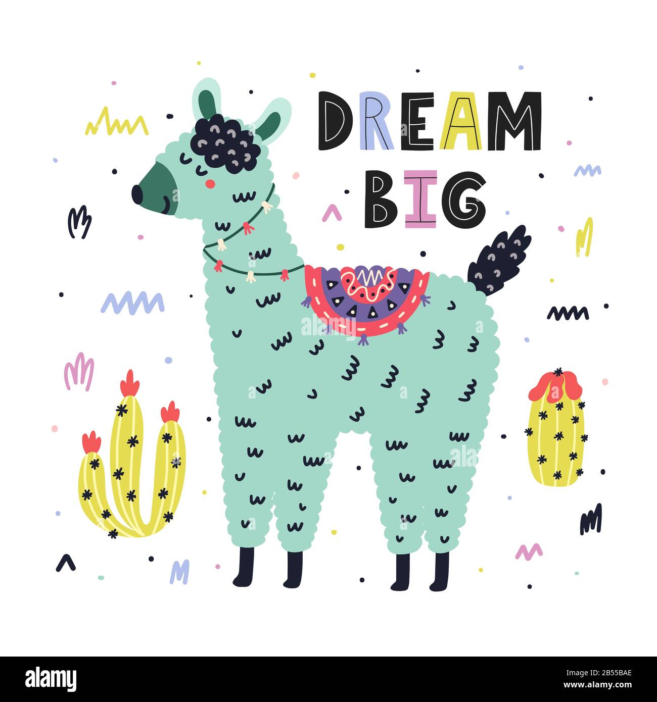 Dream Big print with a cute llama and hand drawn lettering. Funny card ...