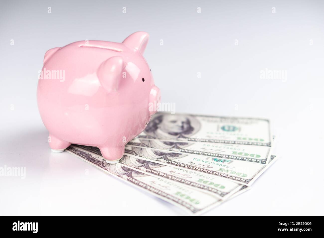 Piggy bank with US one hundred dollar bills Stock Photo - Alamy