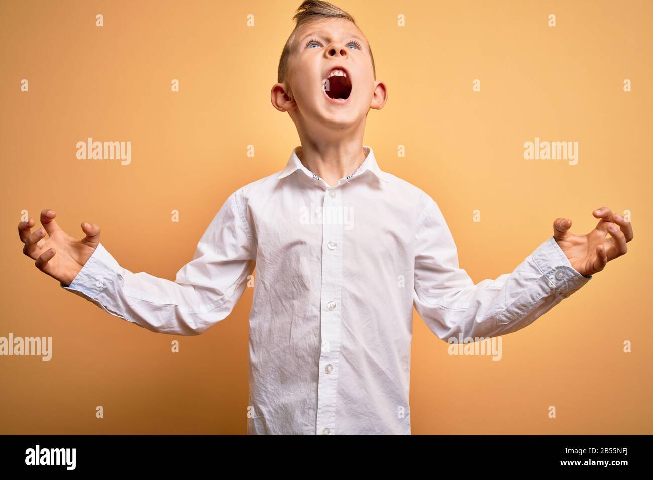 Young little caucasian kid with blue eyes wearing elegant white shirt ...