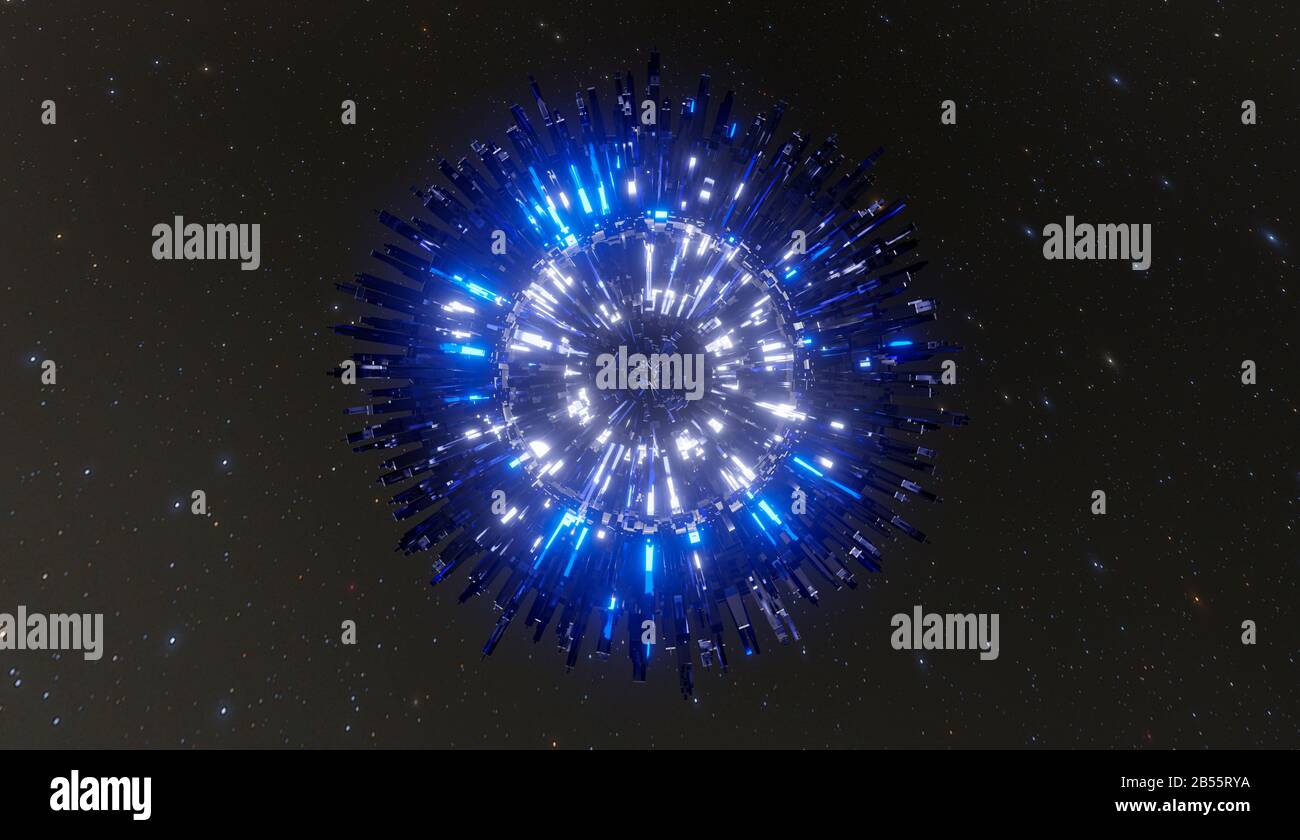 Futuristic high tech space ship in space with blue lights created by 3D ...